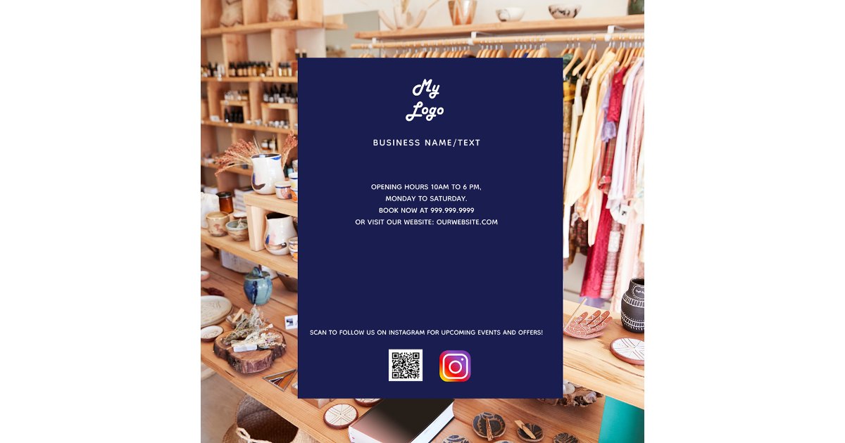Business logo qr code instagram custom text blue flyer | Zazzle