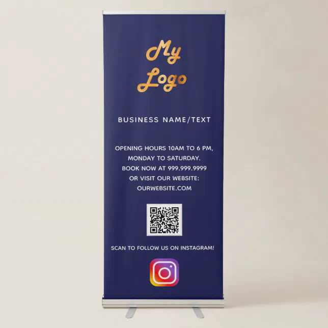 Business logo qr code instagram navy blue retractable banner | Zazzle