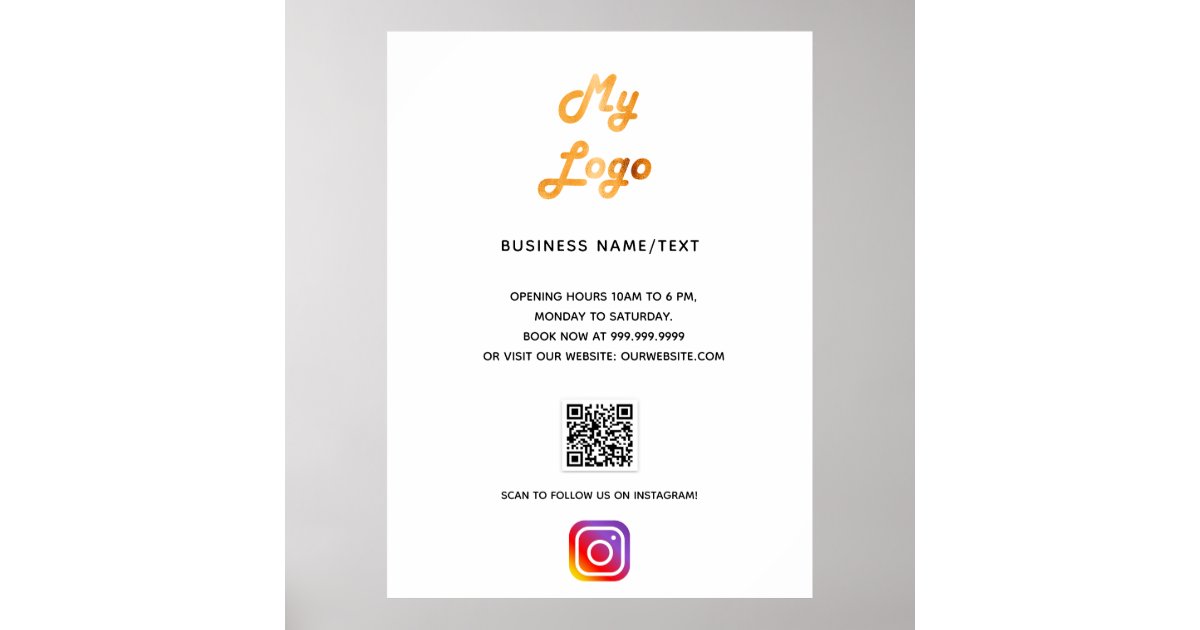 Business logo qr code instagram white poster | Zazzle