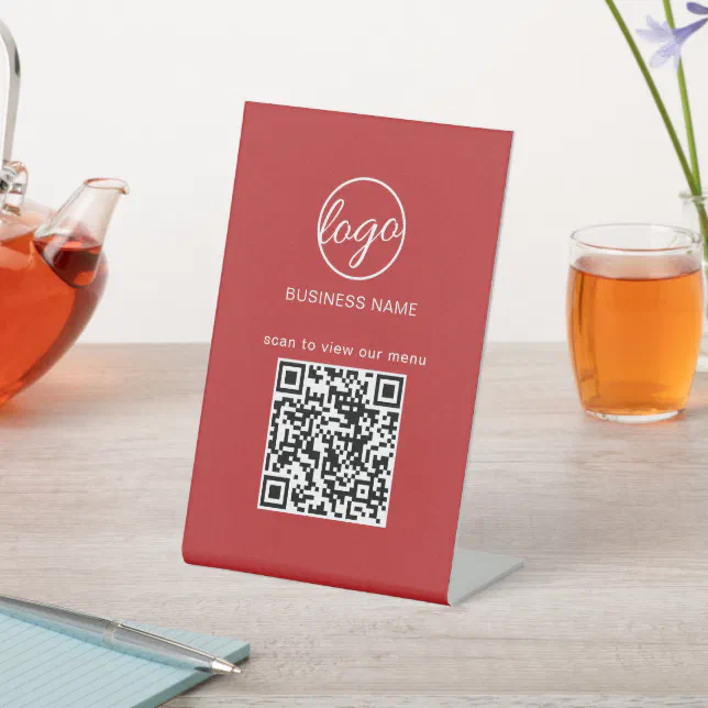 Business Logo QR Code Menu Restaurant Red Pedestal Sign | Zazzle