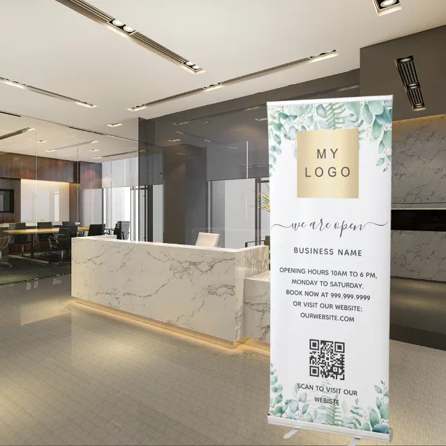 Business logo qr code opening hours greenery retractable banner | Zazzle