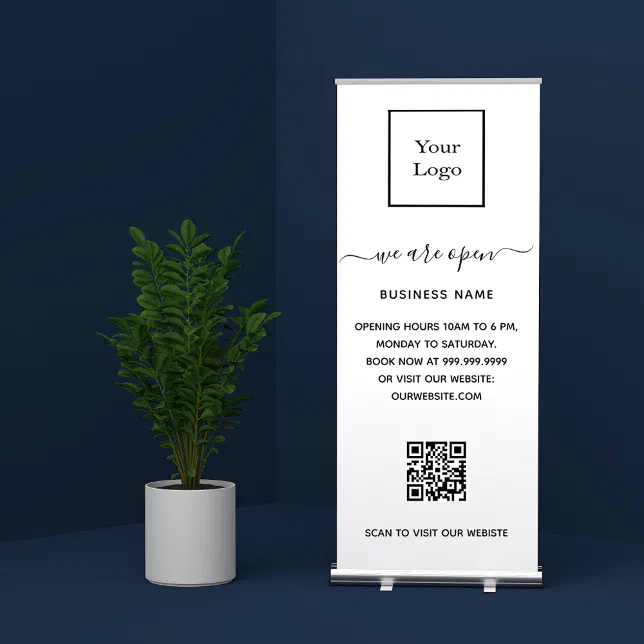 Business logo qr code opening hours retractable banner | Zazzle