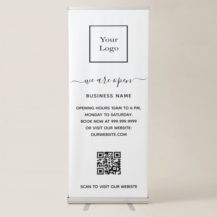 Business logo qr code opening hours retractable banner | Zazzle