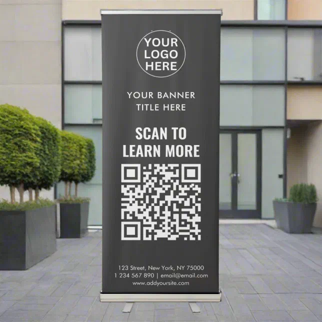 Business Logo & QR Code Professional Black & White Retractable Banner ...