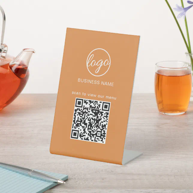 Business Logo QR Code Restaurant Menu Orange Pedestal Sign | Zazzle