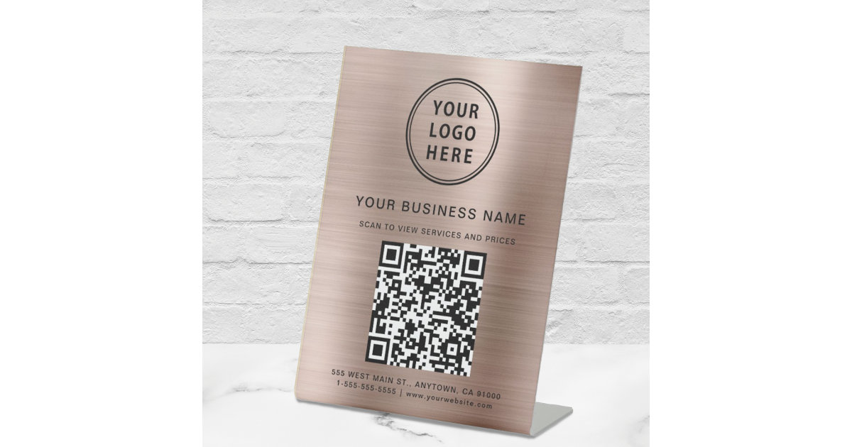 Business Logo QR Code Rose Gold Pedestal Sign | Zazzle