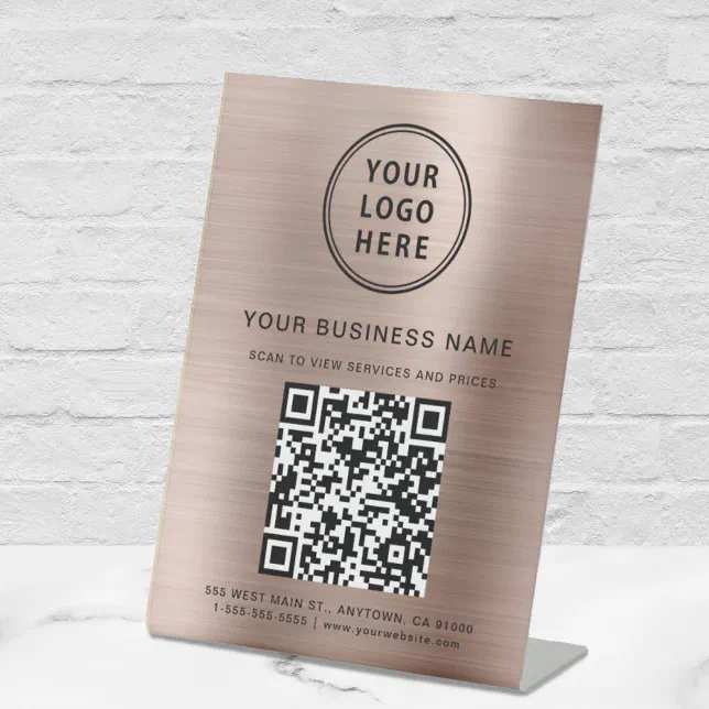 Business Logo QR Code Rose Gold Pedestal Sign | Zazzle