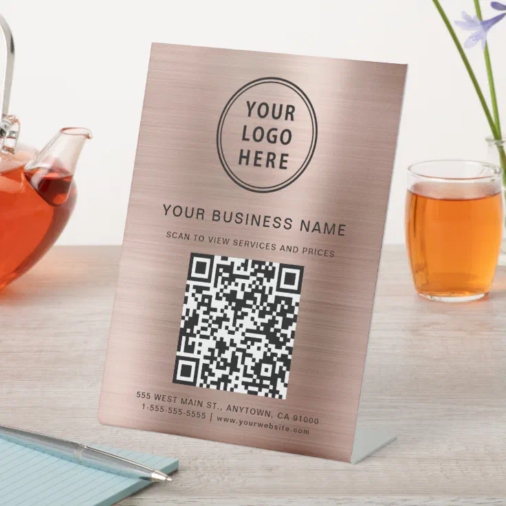 Business Logo QR Code Rose Gold Pedestal Sign | Zazzle