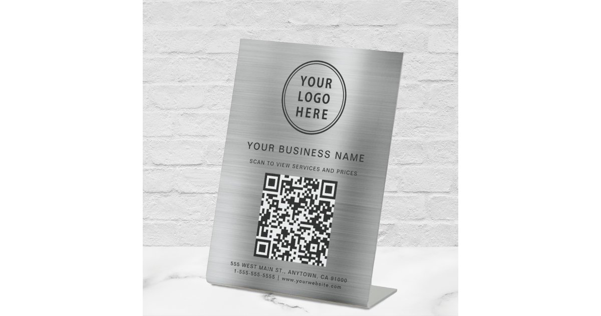 Business Logo QR Code Silver Pedestal Sign | Zazzle