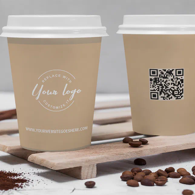 Business Logo QR CODE Simple Brown Custom Paper Cups | Zazzle