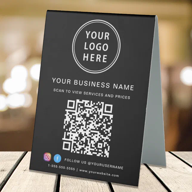 Business Logo QR Code Social Media Black Table Tent | Zazzle