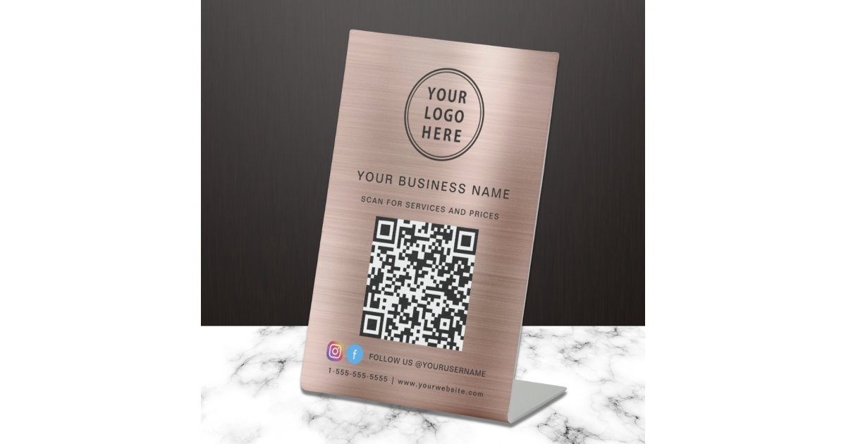 Business Logo QR Code Social Media Rose Gold Pedestal Sign | Zazzle