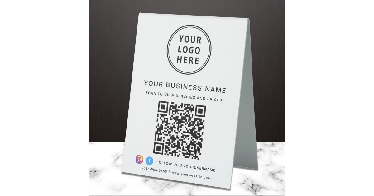 Business Logo QR Code Social Media Table Tent | Zazzle