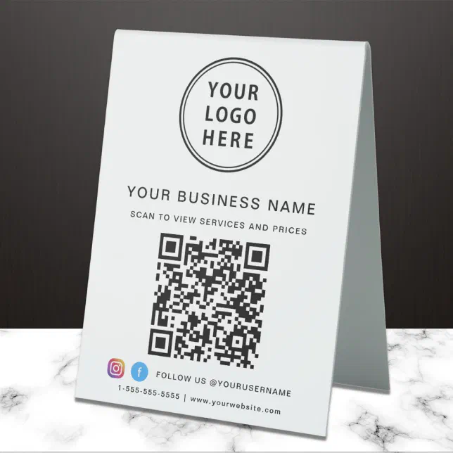 Business Logo QR Code Social Media Table Tent Sign | Zazzle