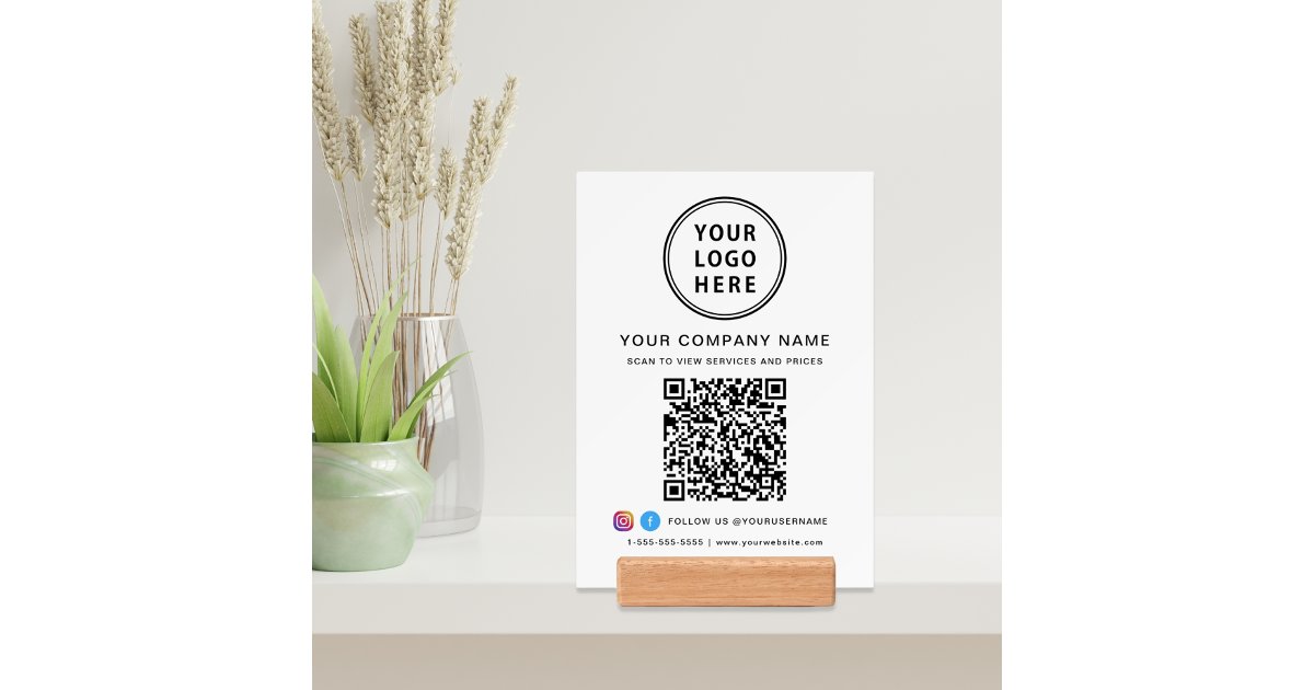 Business Logo QR Code Social Media Tabletop Sign Holder | Zazzle