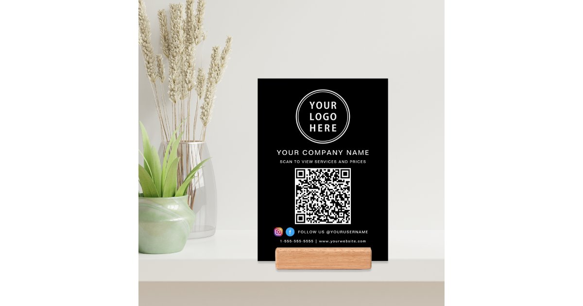 Business Logo QR Code Social Media Tabletop Sign Holder | Zazzle