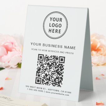 Business Logo QR Code Table Tent Sign | Zazzle