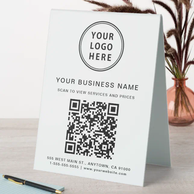 Business Logo QR Code Table Tent Sign | Zazzle