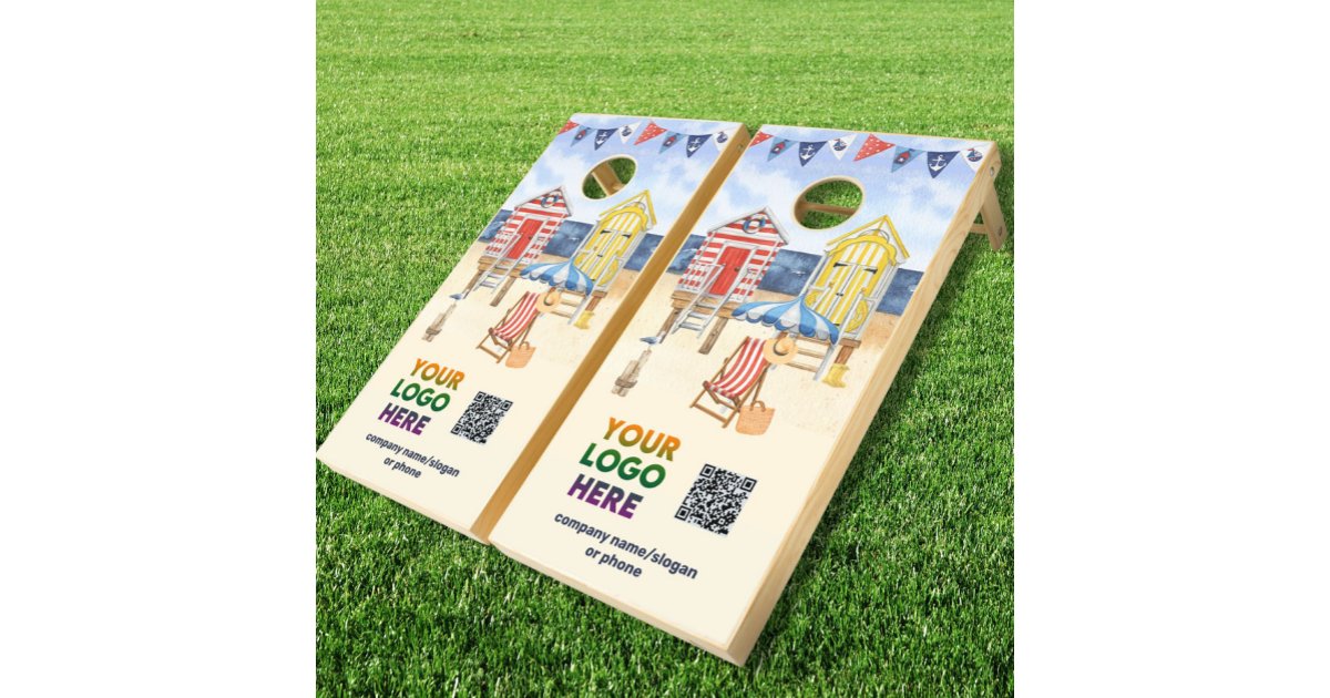 Business Logo QR Code Watercolor Beach Cabins Cornhole Set | Zazzle