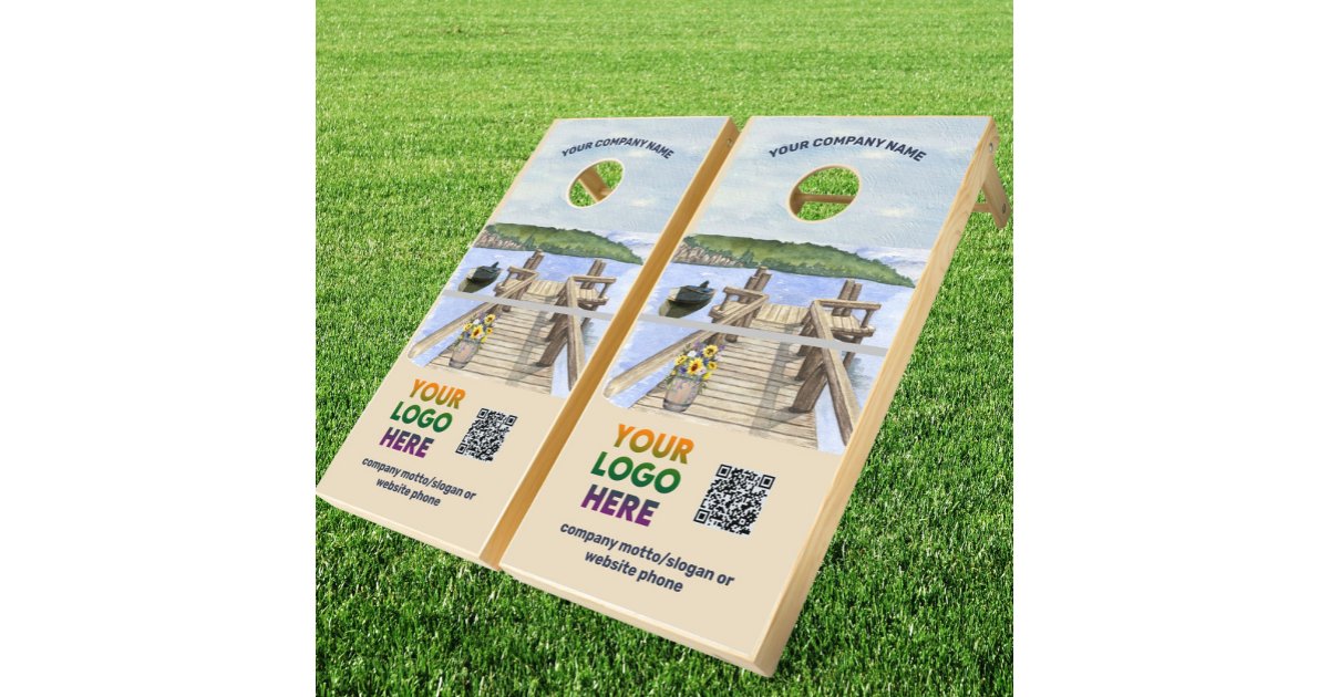 Business Logo QR Code Watercolor Rustic Lake Cornhole Set | Zazzle