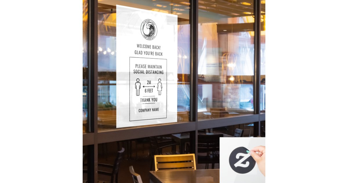 Business Logo Reopening Social Distancing Notice Window Cling | Zazzle