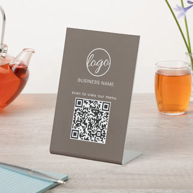 Business Logo Restaurant Menu QR Code Brown Pedestal Sign | Zazzle