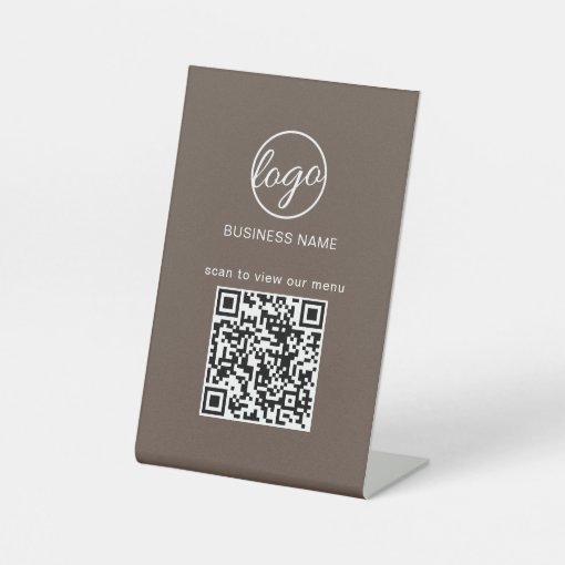 Business Logo Restaurant Menu QR Code Brown Pedestal Sign | Zazzle