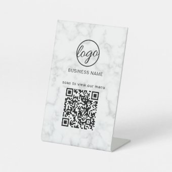 Business Logo Restaurant Menu QR Code Marble Pedestal Sign | Zazzle