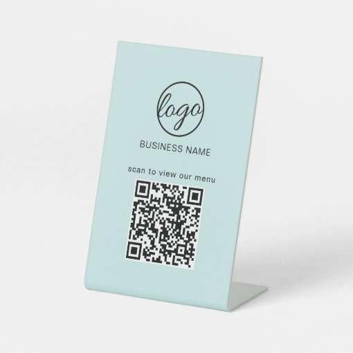 Business Logo Restaurant Menu QR Code Turquoise Pedestal Sign | Zazzle