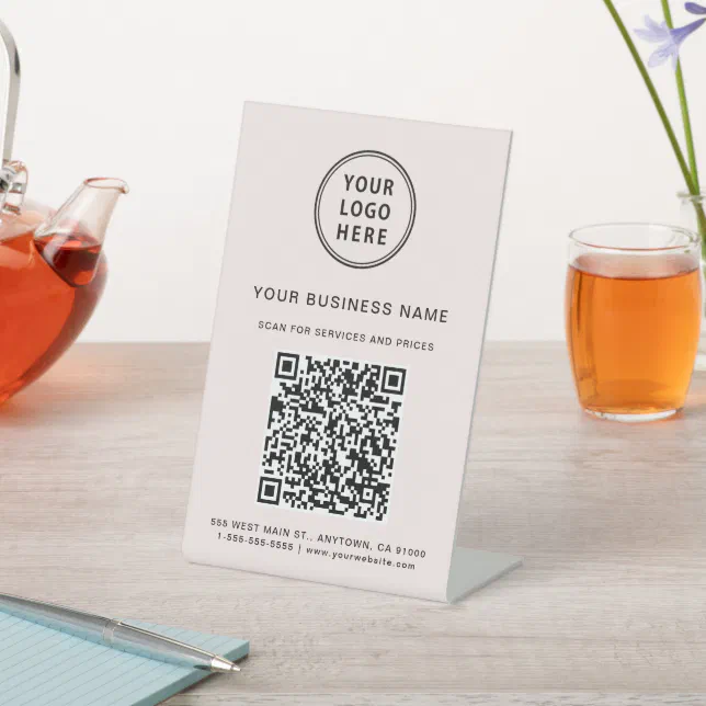 Business Logo Scan Me QR Code Pink Pedestal Sign | Zazzle