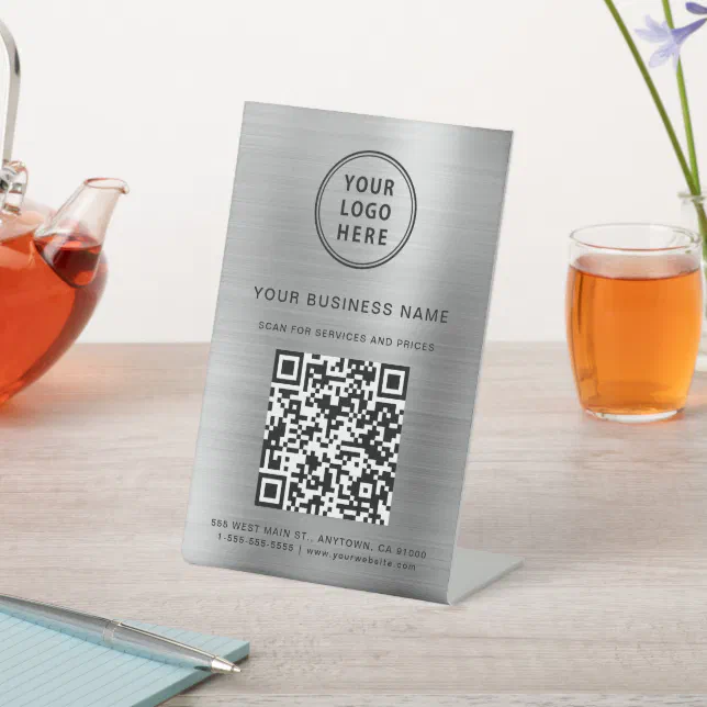 Business Logo Scan Me QR Code Silver Pedestal Sign | Zazzle