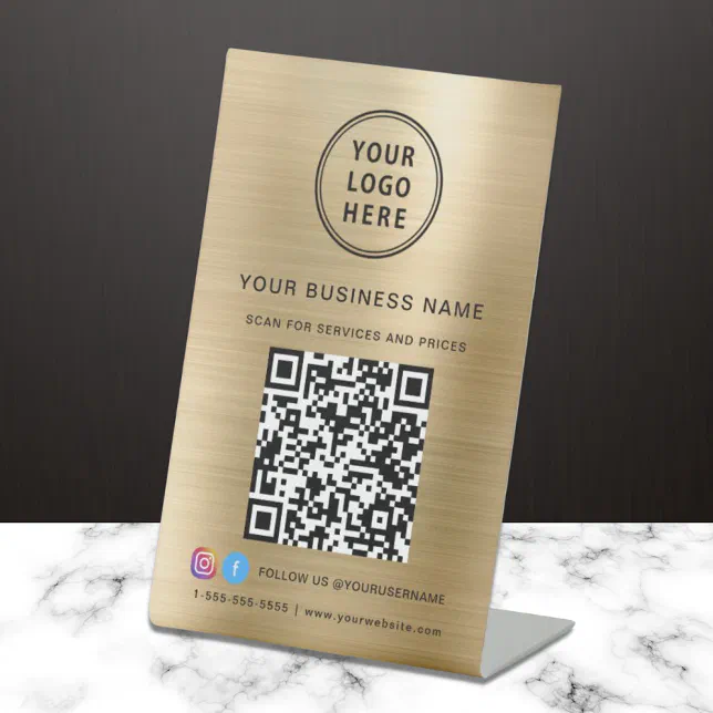 Business Logo Scan Me QR Code Social Media Gold Pedestal Sign | Zazzle