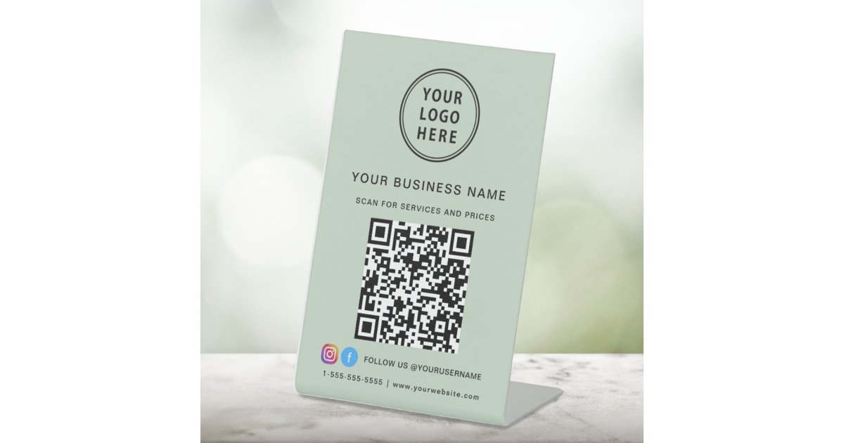 Business Logo Scan Me QR Code Social Media Sage Pedestal Sign | Zazzle