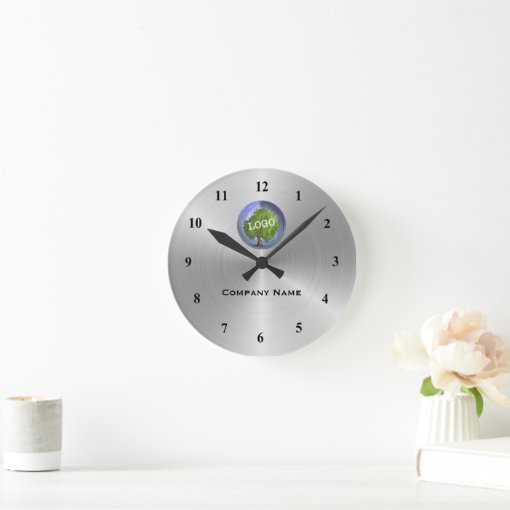 Business Logo Silver Round Clock | Zazzle