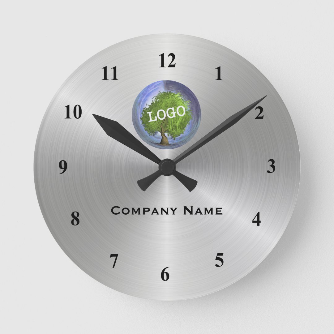 Business Logo Silver Round Clock | Zazzle