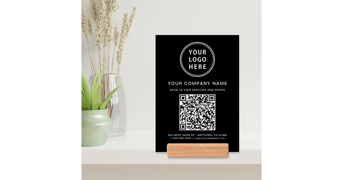 Business Logo Template QR Code Black Tabletop Sign Holder | Zazzle