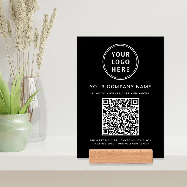 Business Logo Template QR Code Black Tabletop Sign Holder | Zazzle