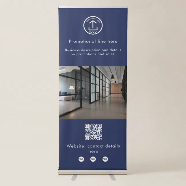 Business Logo Text Photo QR Code Social Media Blue Retractable Banner ...