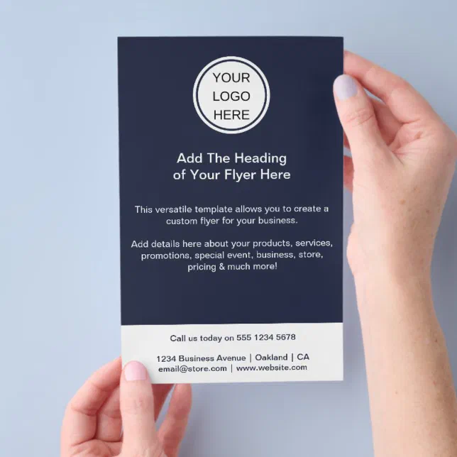 Business Logo & Text Promotional Navy Blue Flyers | Zazzle