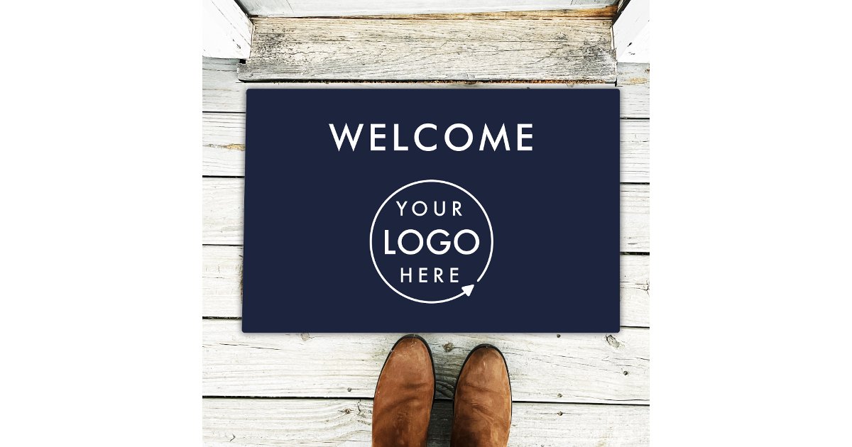 Business Logo | Welcome Modern Navy Blue Corporate Doormat | Zazzle