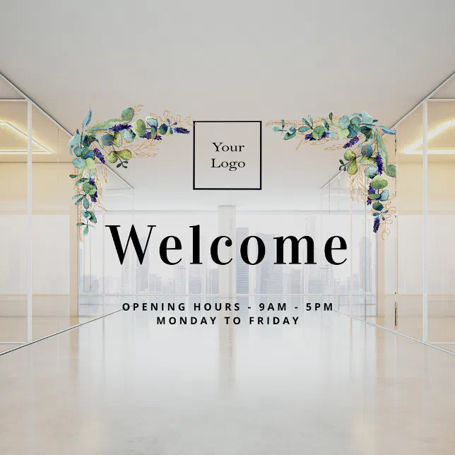 Business logo welcome opening hours eucalyptus window cling | Zazzle