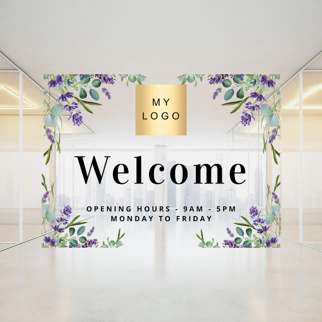 Business logo welcome opening hours lavender window cling | Zazzle
