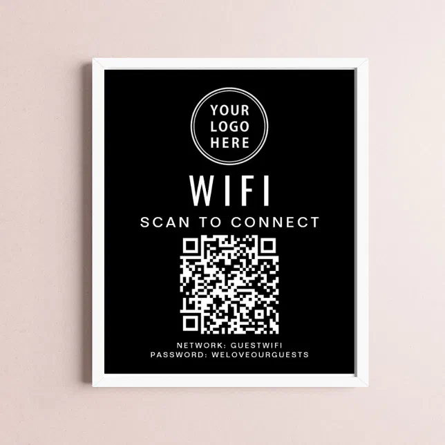 Business Logo Wifi Network QR Code Black Poster | Zazzle