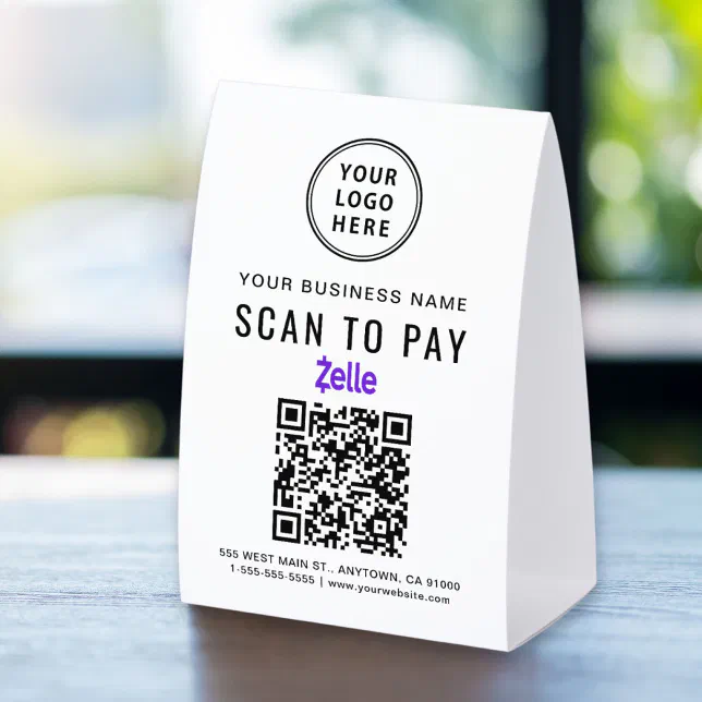 Business Logo Zelle QR Code Scan To Pay Paper Table Tent | Zazzle