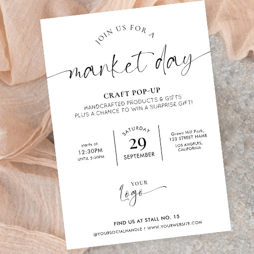 Business Market Day Minimalist Black & White Logo Invitation | Zazzle