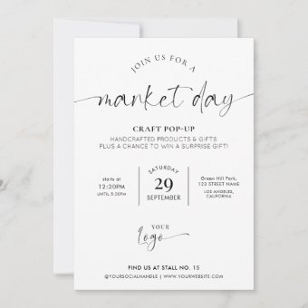 Business Market Day Minimalist Black & White Logo Invitation | Zazzle