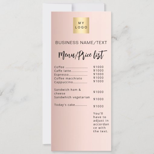 Business menu price list rose gold invitation | Zazzle