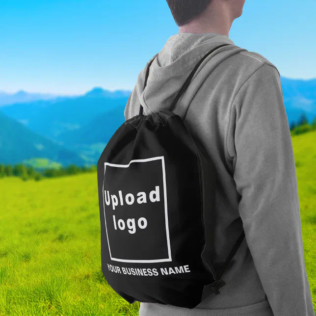 Business Name and Logo on Black Drawstring Bag | Zazzle