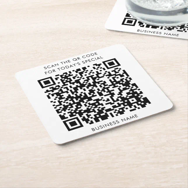 Business Name and QR Code Menu Square Paper Coaster | Zazzle