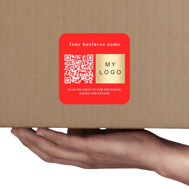 Business name bright red logo qr code square sticker | Zazzle